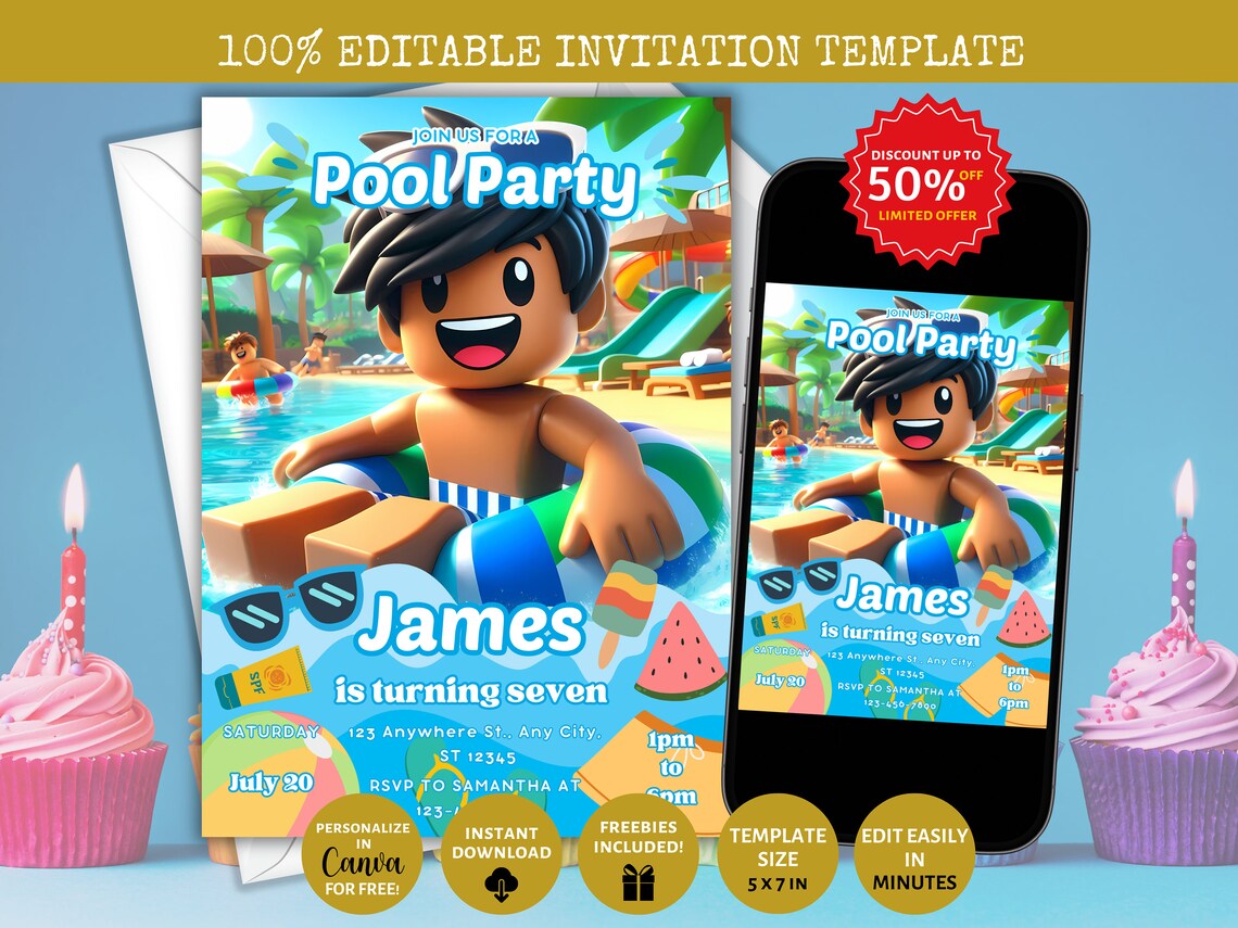 Roblox Summer Pool Party Editable Birthday Invitation, Summer Splash ...