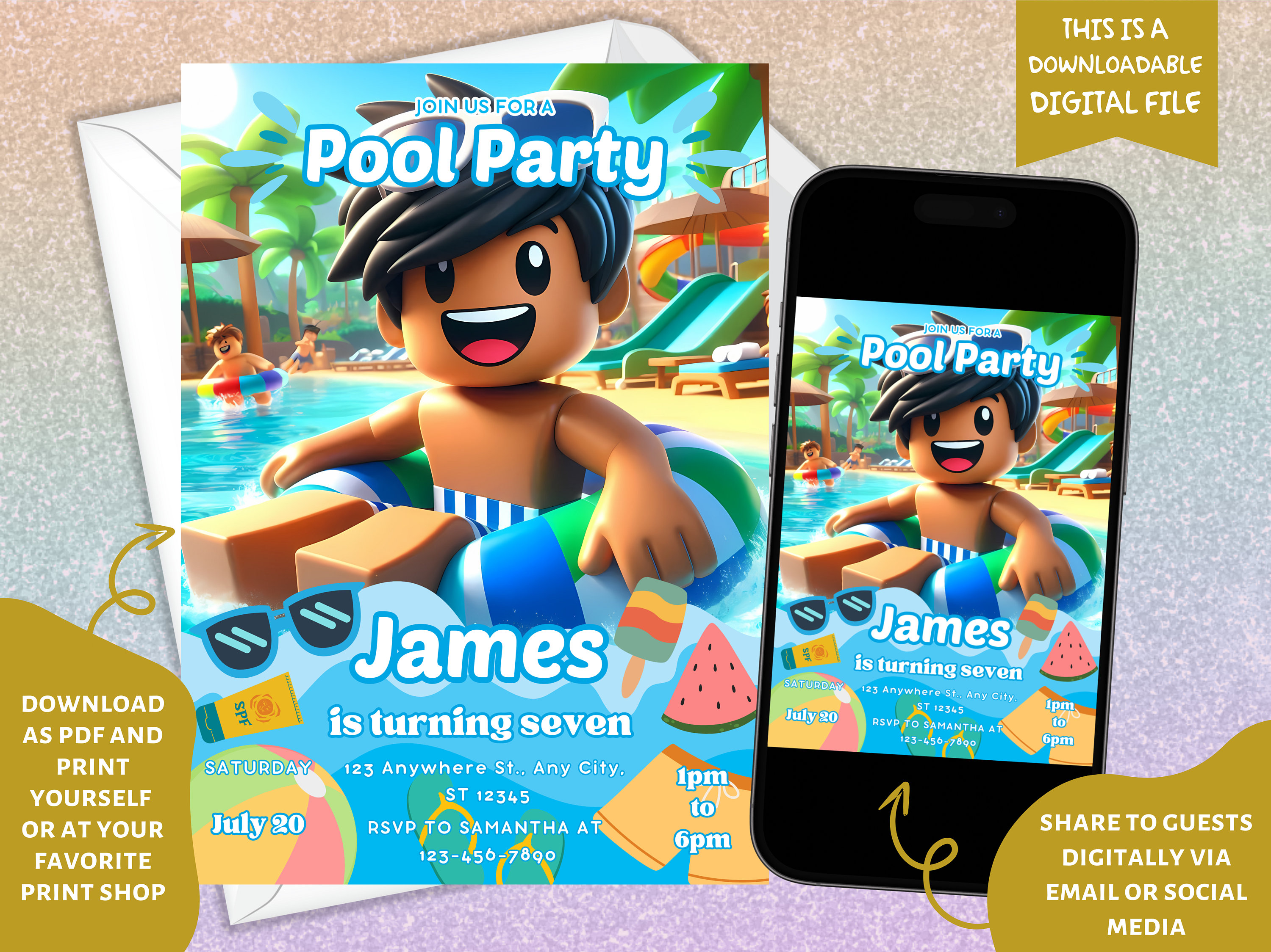 Roblox Summer Pool Party Editable Birthday Invitation, Summer Splash ...