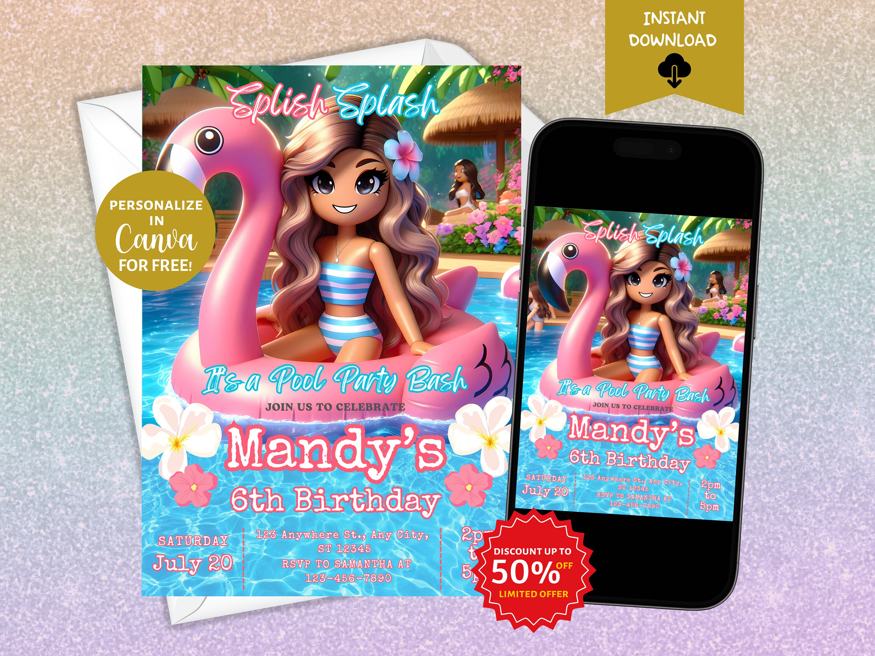 Editable Roblox Summer Pool Party Birthday Invitation, Tropical Party ...