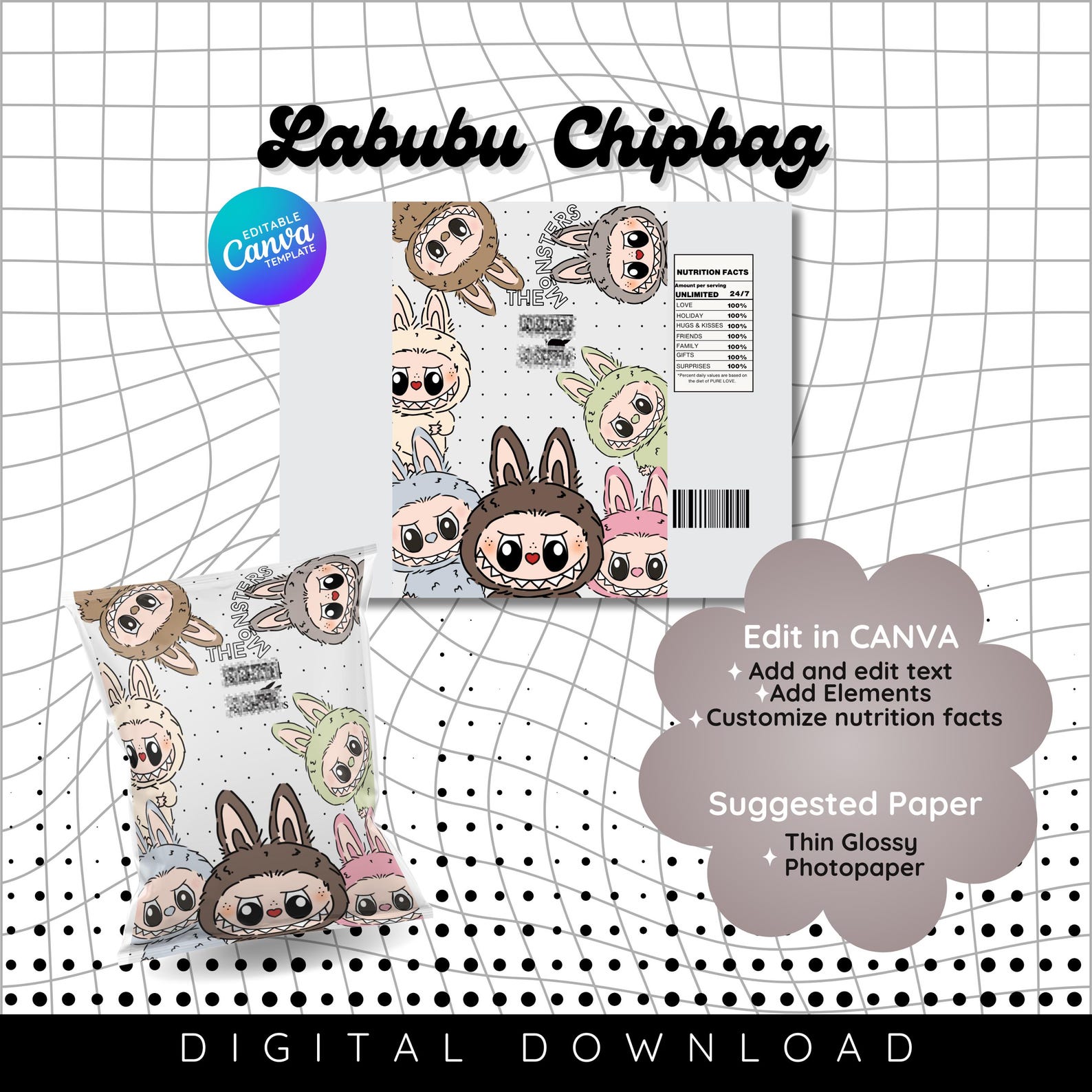 7 Labubu Theme Chip Bag Editable Party Favor Party Printables Labubu ...