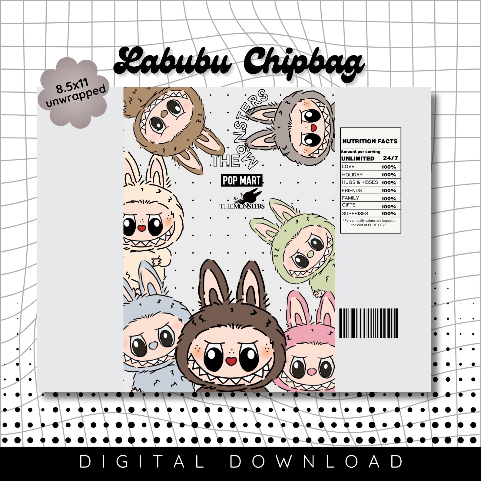 7 Bolsas de chips con temática de Labubu, regalos de fiesta editables ...