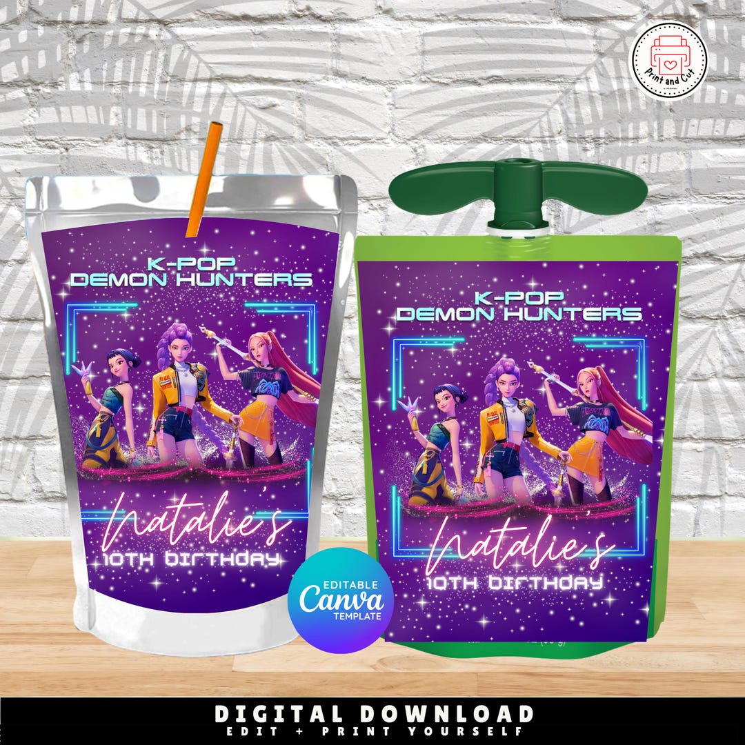 Kpop Demon Hunters Juice Decor Label, Editable Party Printable Huntrix ...