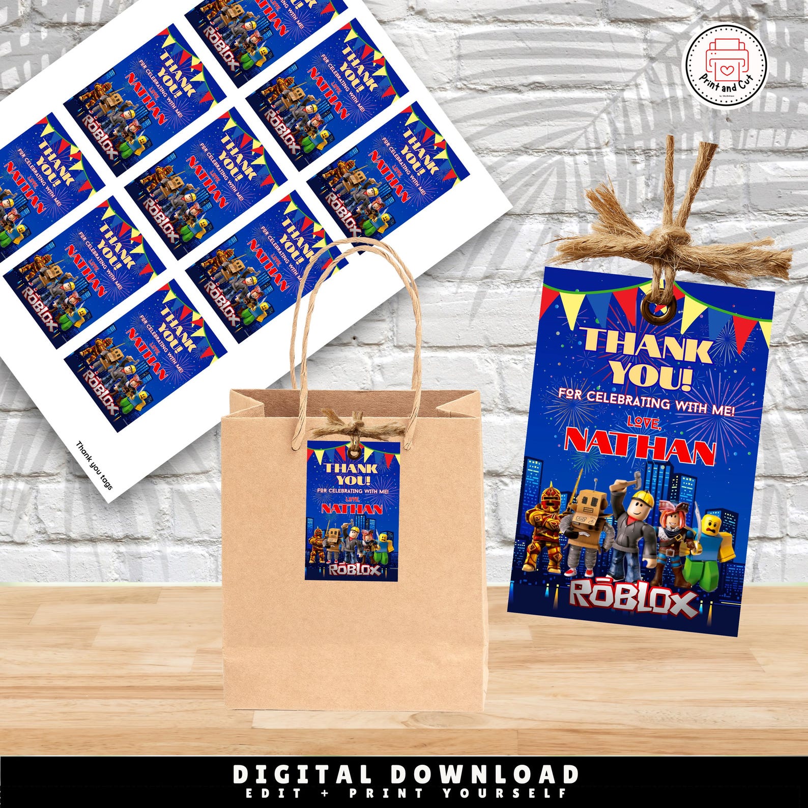 Roblox Thank You Tag Template, Editable Canva Roblox Game Party Theme ...
