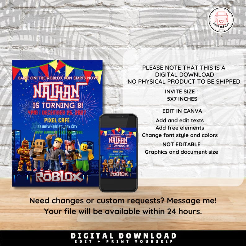 Editable Roblox Invite, Roblox Invitation, Envite Birthday Favor, Game ...