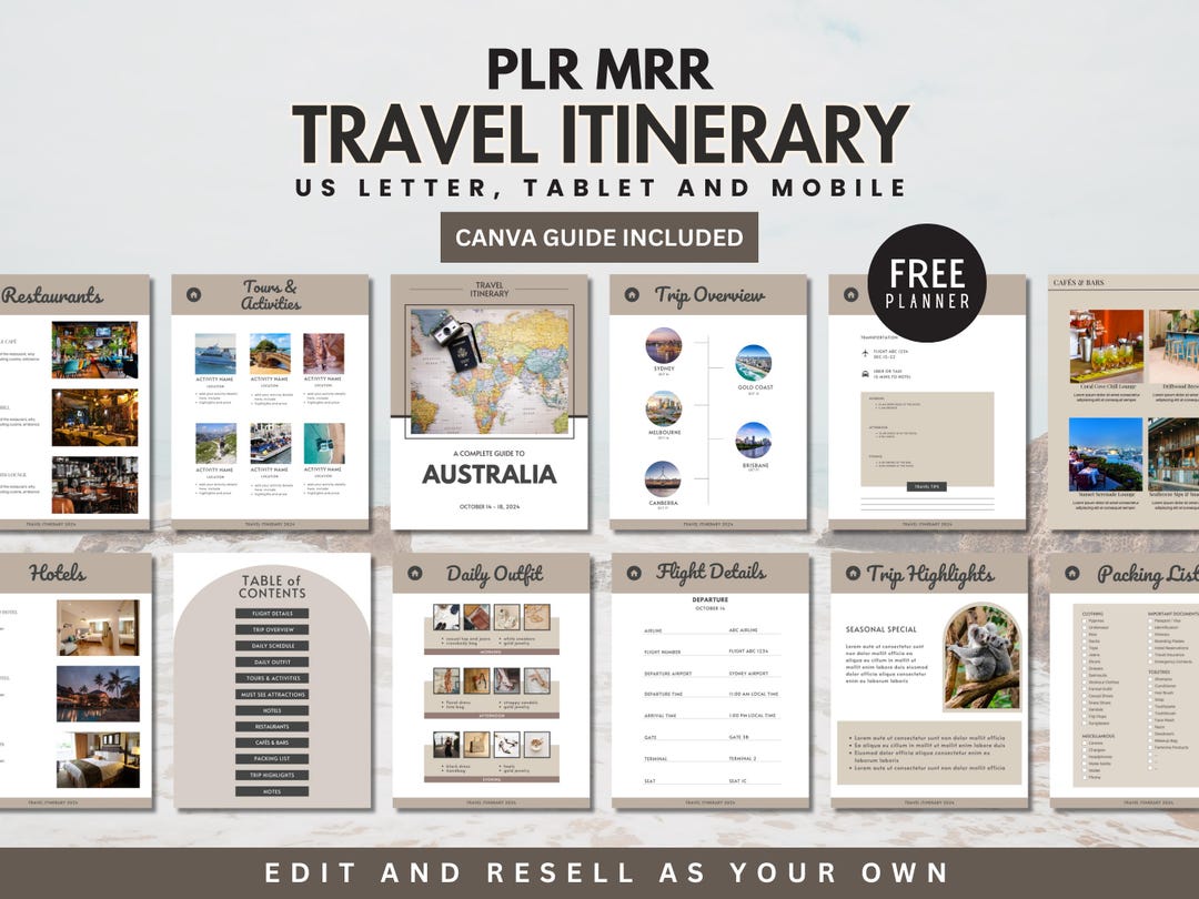 PLR Travel Itinerary Planner Template Digital Product Master Resell Rights Travel Guide ...