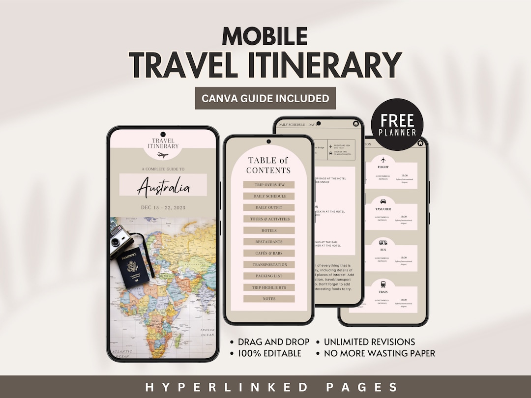 Mobile Travel Itinerary Template Minimalist Travel Schedule Editable ...