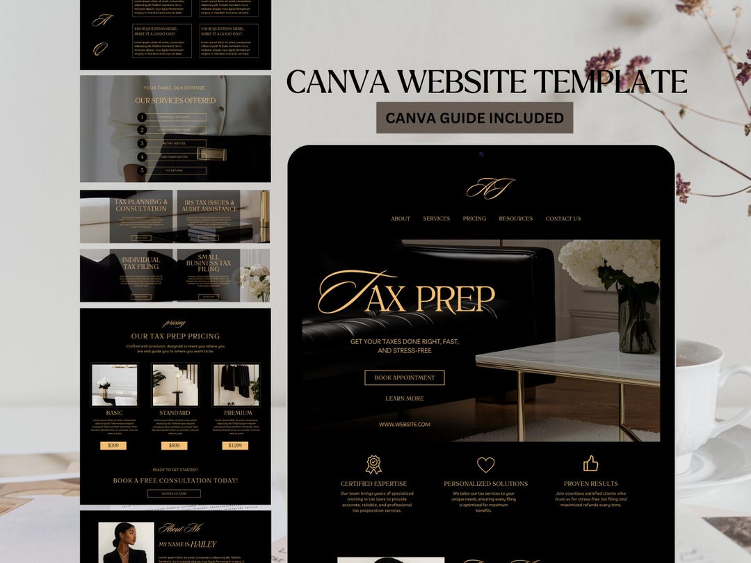 Tax Website Template Canva Tax Season Website Black Gold Aesthetic ...