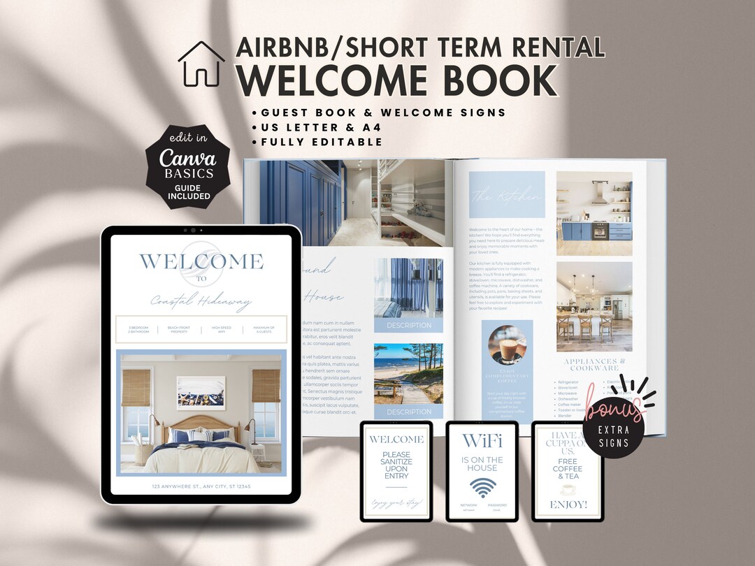 Coastal Vacation Rental Book, Canva Editable Rental Signs, Vacation ...