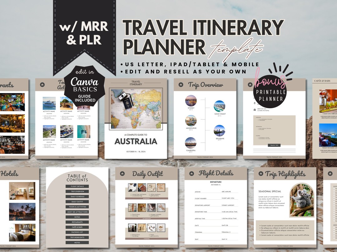 PLR Travel Itinerary Planner Template Digital Product Master Resell Rights Travel Guide ...