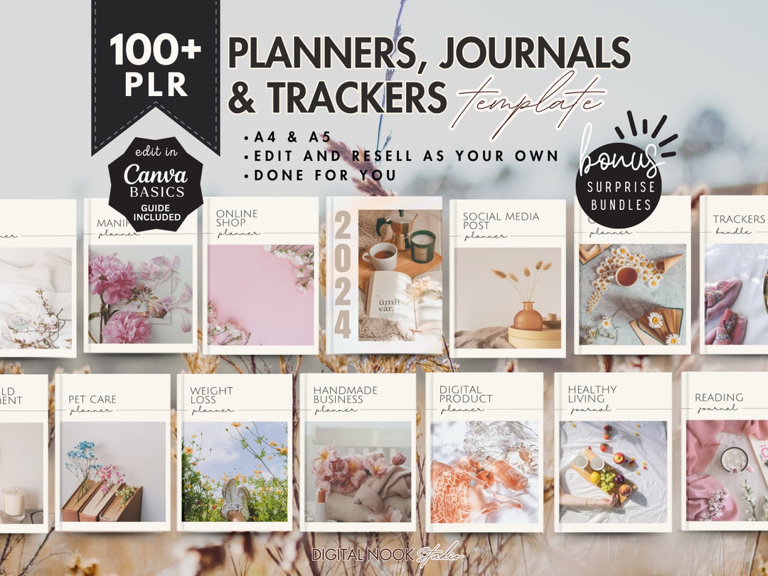 PLR Digital Planner, PLR Journal Tracker Template, Canva Editable ...