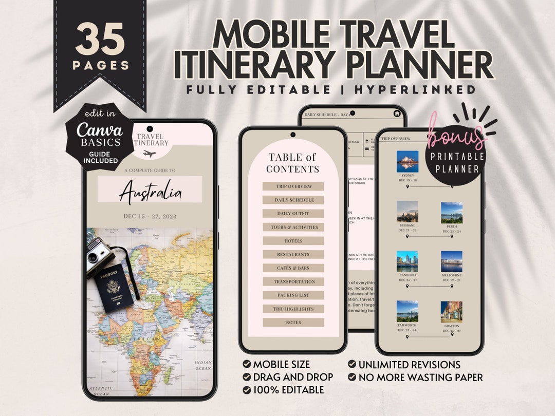 Travel Itinerary Template, Mobile Travel Schedule, Editable Trip ...