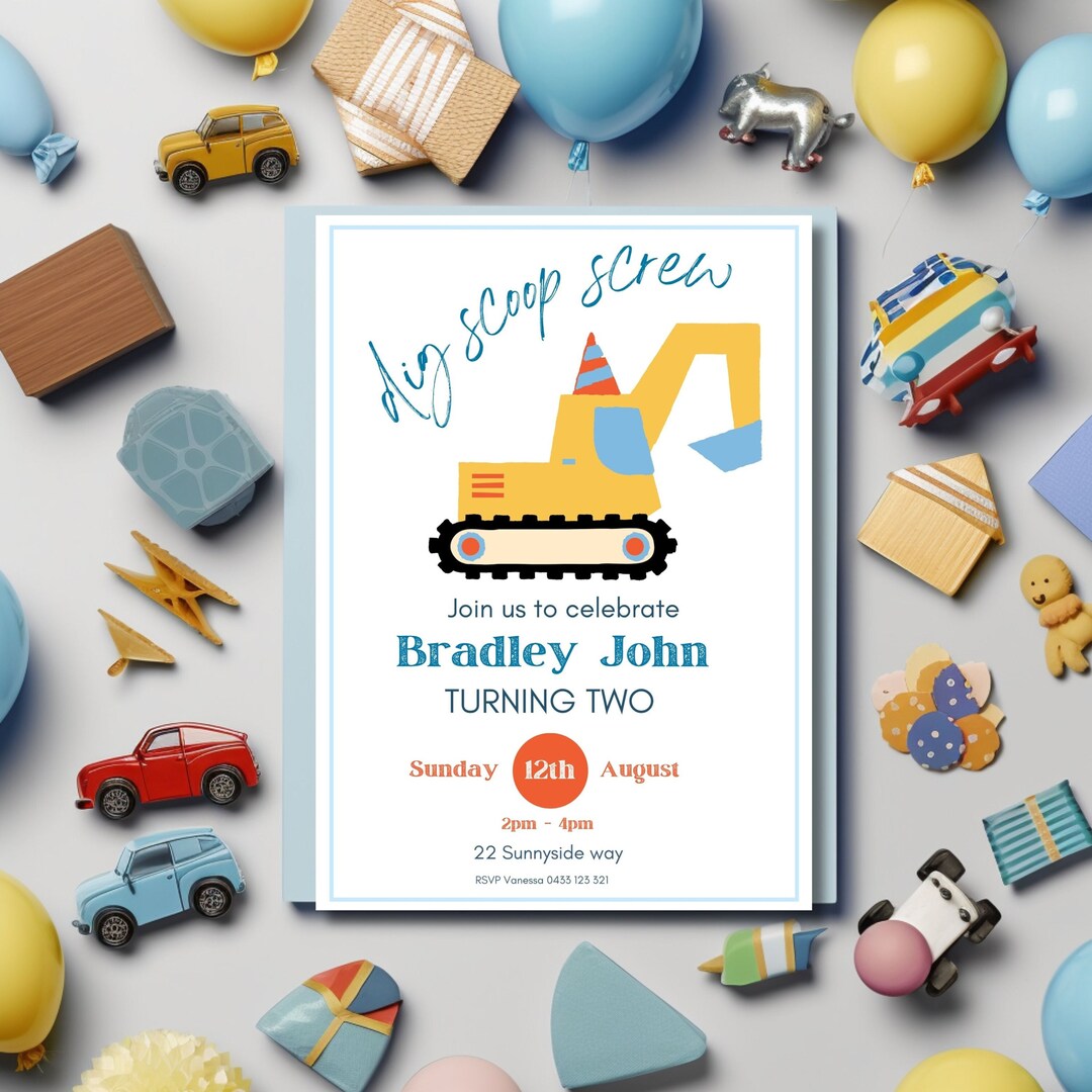 Digger Theme Birthday Invitation for Kid, Construction Party Invitation ...
