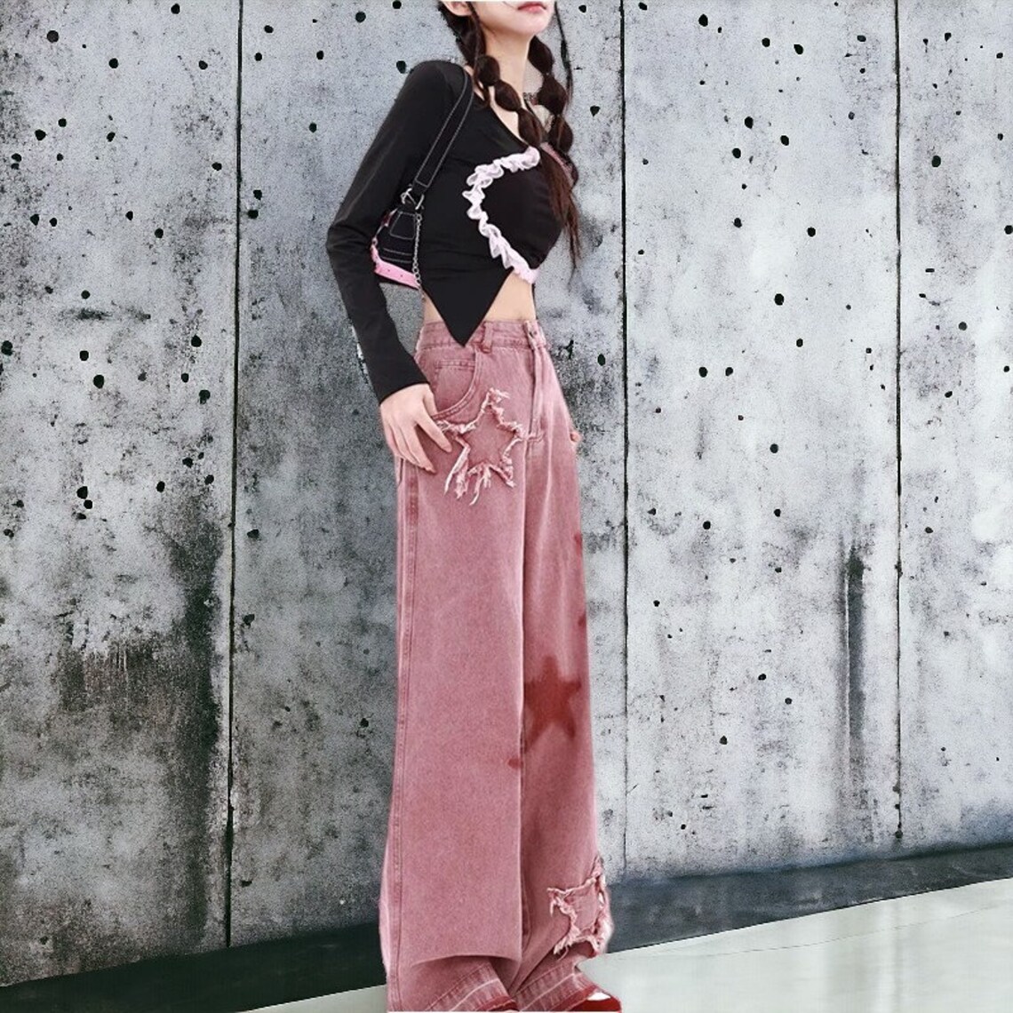 Women's Pink Jeans Letters Printed High-waisted American Street Wide ...