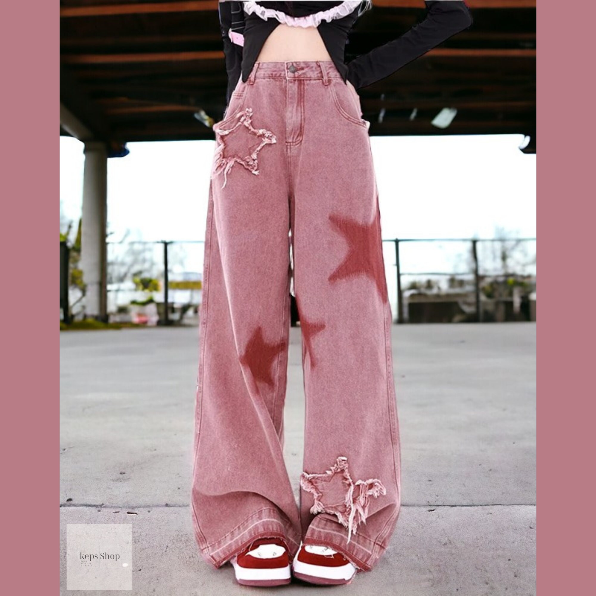 Women's Pink Jeans Letters Printed High-waisted American Street Wide ...