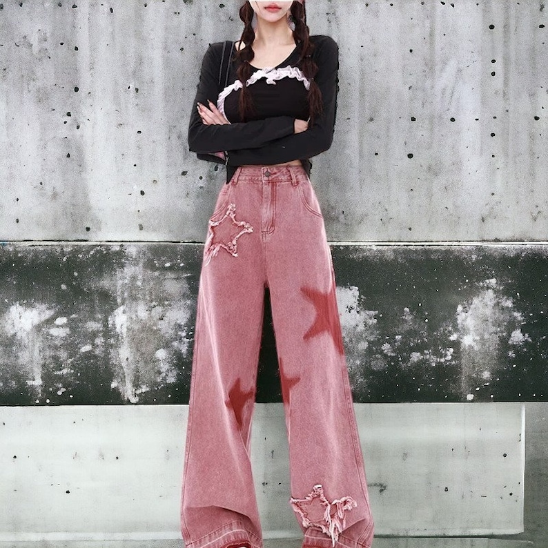 Women's Pink Jeans Letters Printed High-waisted American Street Wide ...