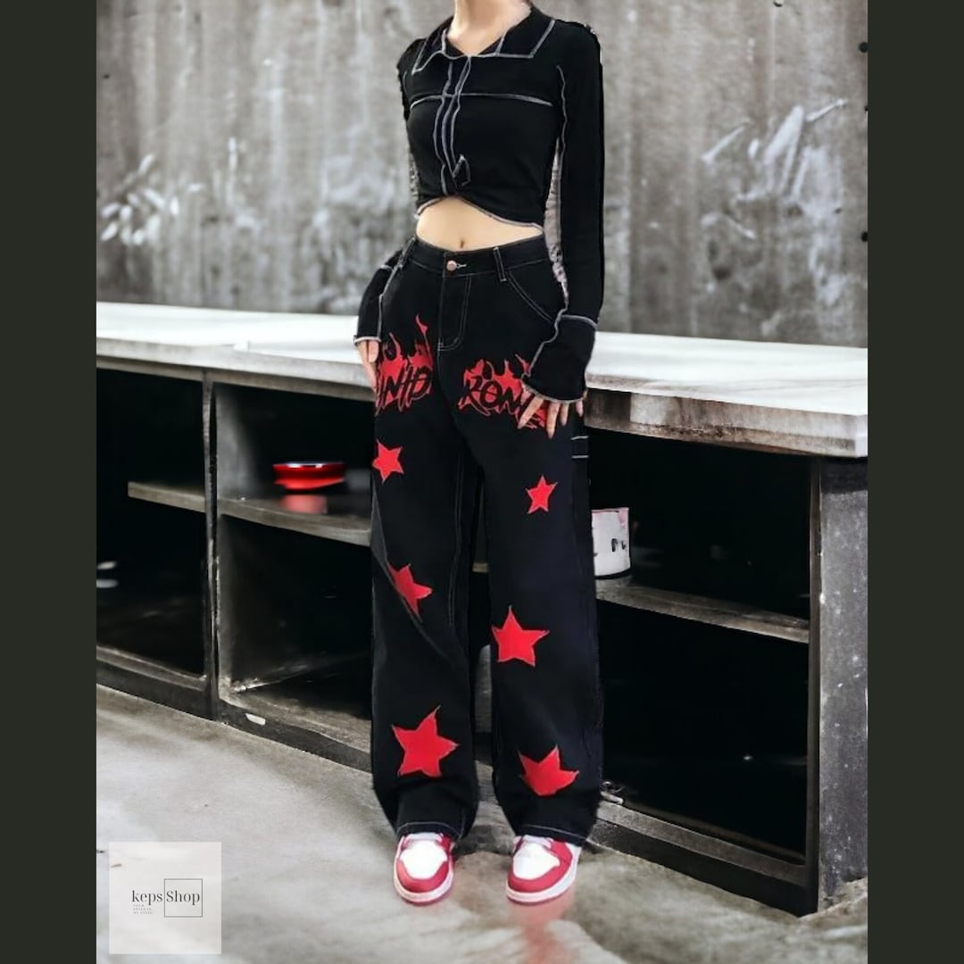 Hip Hop Vintage Women Black Red Jeans Streetwear Fashion Pants Star ...