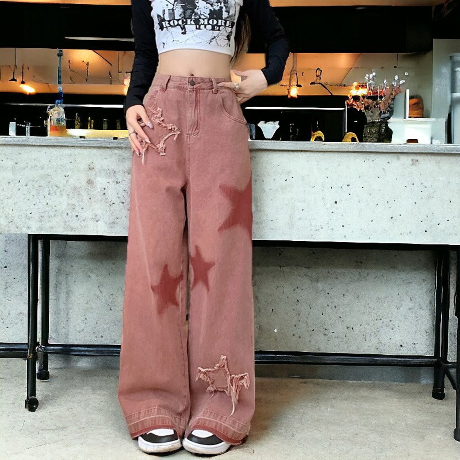 Women's Pink Jeans Letters Printed High-waisted American Street Wide ...