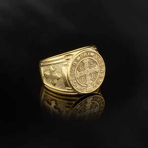 14K Solid Gold Saint Benedict Medal Ring, 10K St Benedict Cross Signet ...
