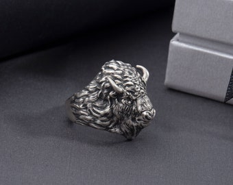 Silver Bison Ring, Bison Head Ring, Ram Head Ring, Men Jewelry, Large ...