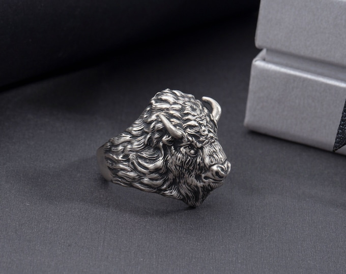Silver Bison Ring, Bison Head Ring, Ram Head Ring, Men Jewelry, Large ...