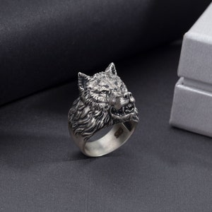 Sterling Silver Wolf Rings, Wild Alpha Wolf Ring, Oxidized Silver Howling Wolf Ring, Anniversary ...