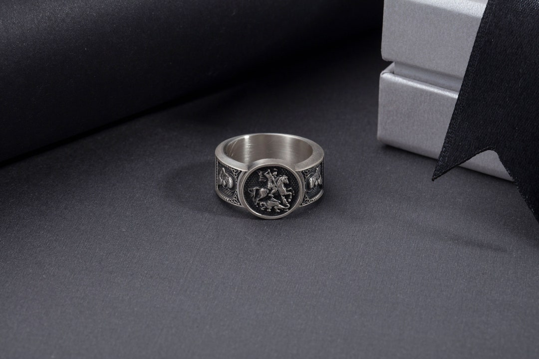 Oxidized 925 Silver Saint George Ring, Religious Jewelry, St George ...