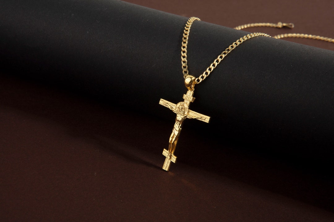 14K Gold Crucifix Necklace, Gourmet Chain, Religious Jewelry - Etsy