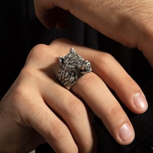 Sterling Silver Wolf Rings, Wild Alpha Wolf Ring, Oxidized Silver Howling Wolf Ring, Anniversary ...