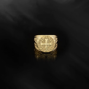 14K Solid Gold Saint Benedict Medal Ring, 10K St Benedict Cross Signet ...