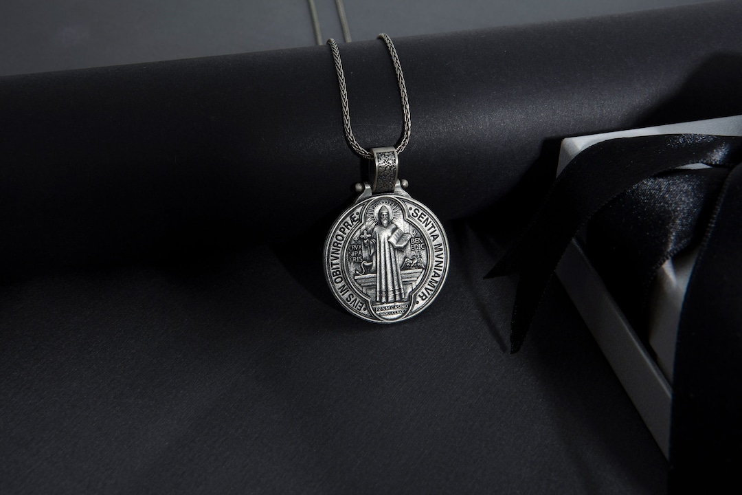 Oxidized Silver Saint Benedict Medallion, St Benedict Necklace, Unisex ...