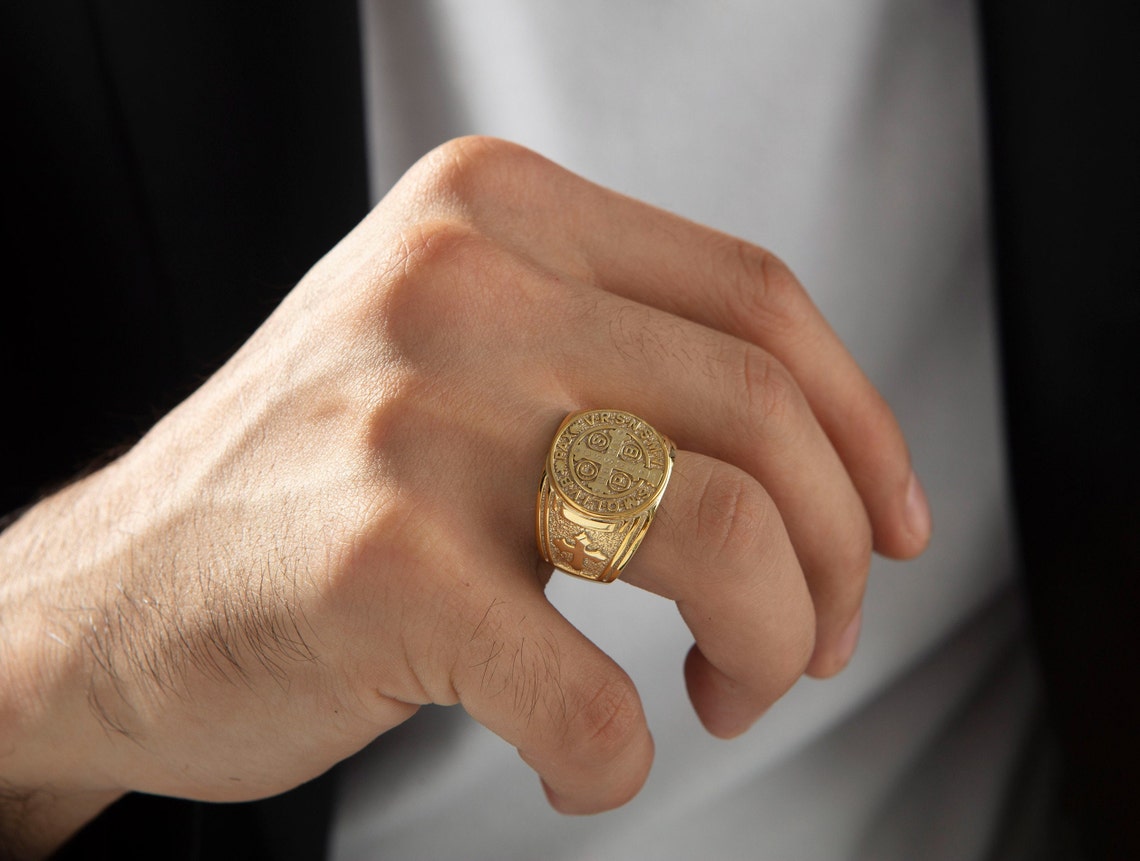 14K Solid Gold Saint Benedict Medal Ring, Catholic Signet Ring - Etsy