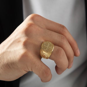 14K Solid Gold Saint Benedict Medal Ring, 10K St Benedict Cross Signet ...