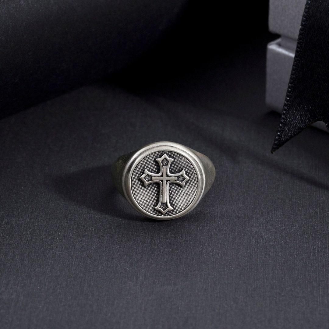 Oxidized Silver Cross Medal Rings, Crucifix Signet Rings for Men ...
