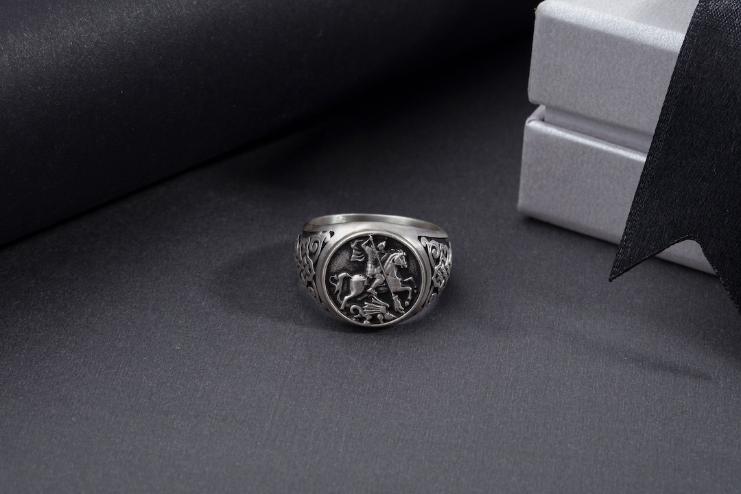 Saint George With the Dragon Ring for Man, Oxidized Silver St George ...