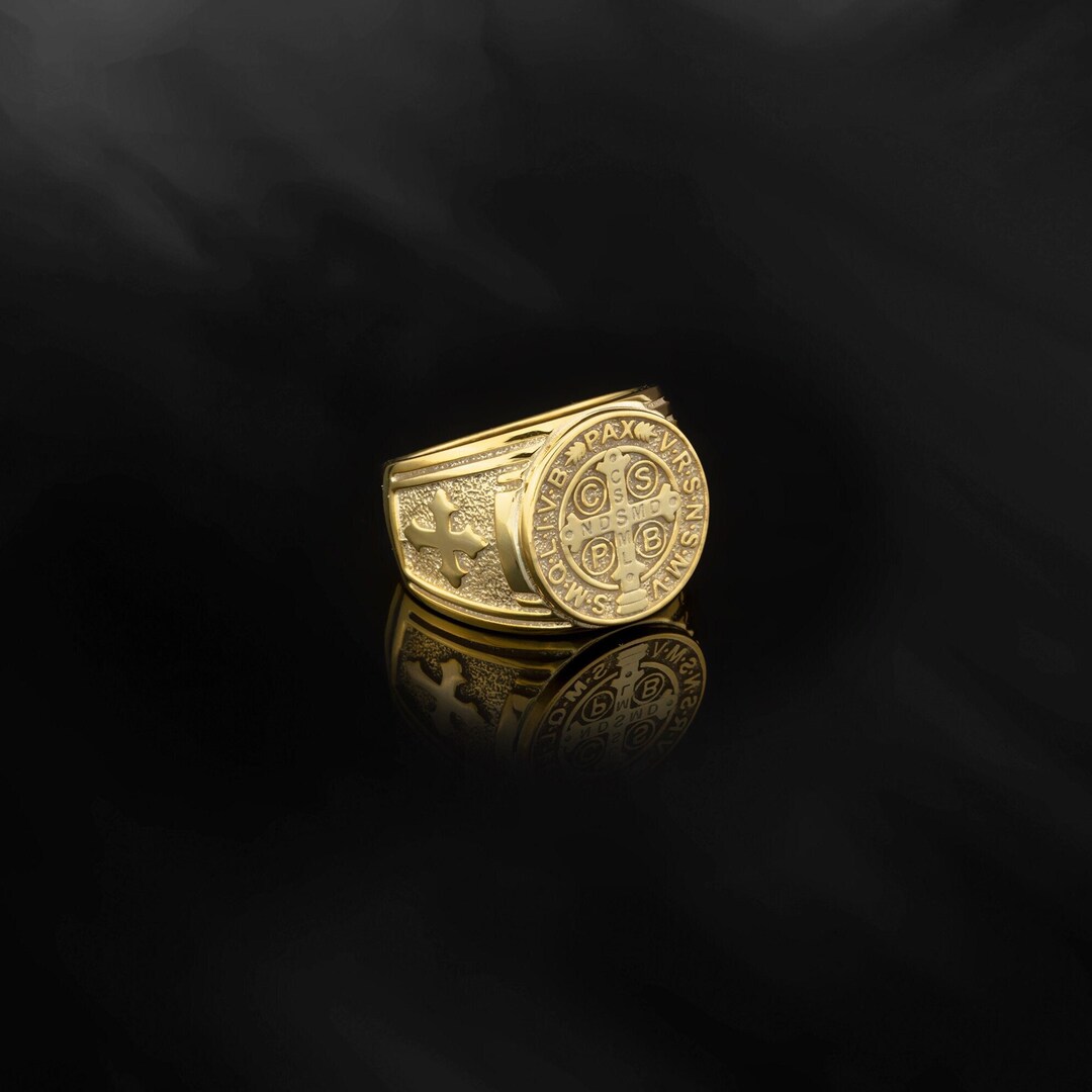 14K Solid Gold Saint Benedict Medal Ring, 10K St Benedict Cross Signet ...