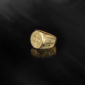 14K Solid Gold Saint Benedict Medal Ring, 10K St Benedict Cross Signet ...