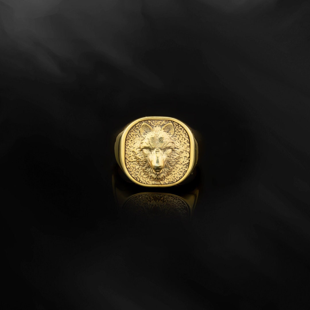 14K Gold Wolf Signet Rings for Men, 18K Gold Wolf Head Ring, Gifts for ...