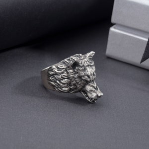 Sterling Silver Wolf Rings, Wild Alpha Wolf Ring, Oxidized Silver Howling Wolf Ring, Anniversary ...