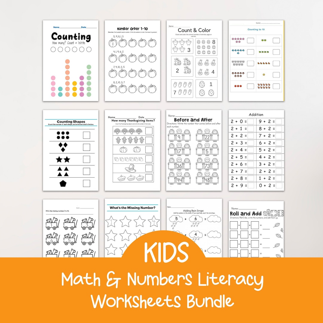 Kids Maths & Numbers Literacy Worksheets Bundle, Kids Activity ...