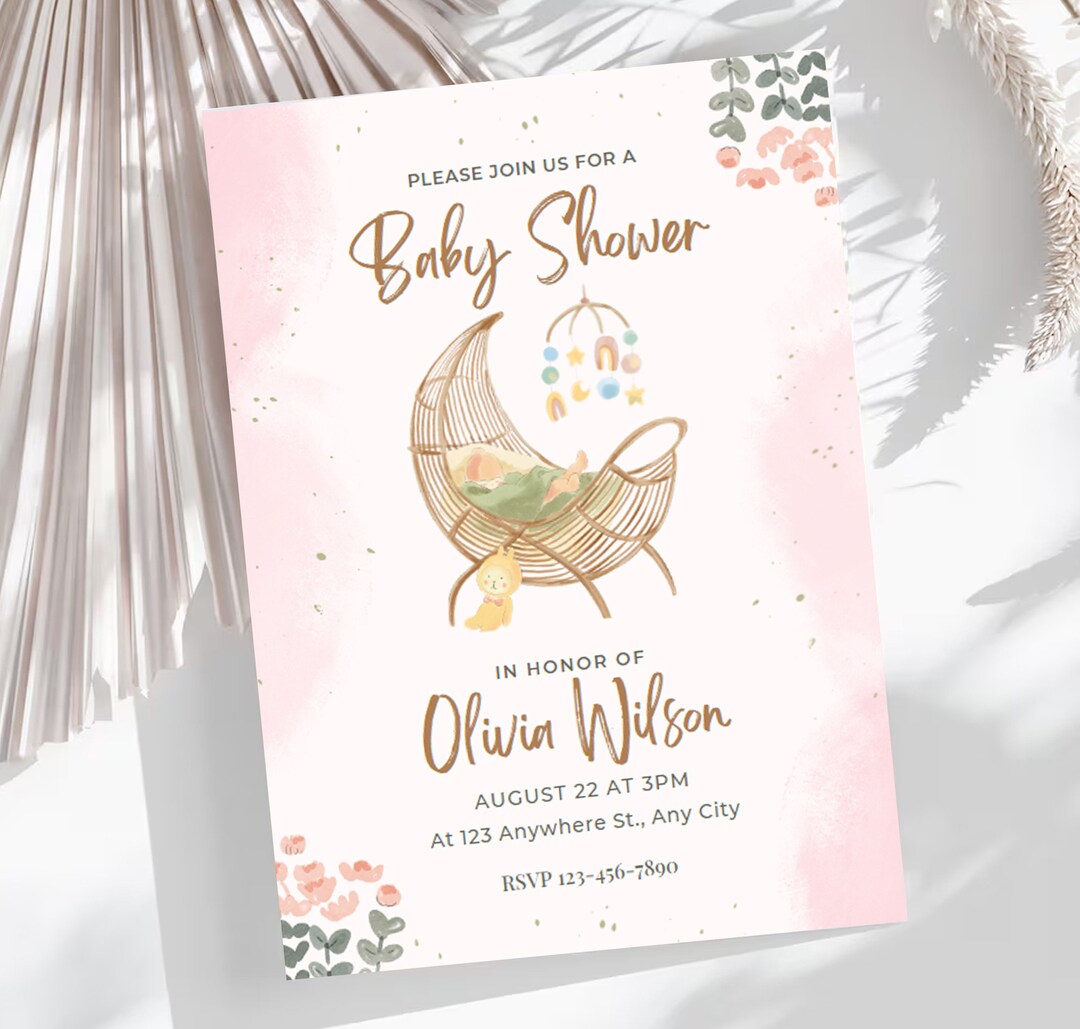 Cute Pink Baby Shower Invite, Printable Baby Shower Invitation and ...