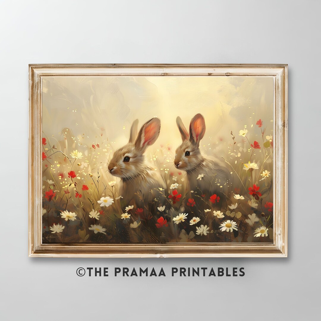 Vintage Easter Bunnies Wall Art Rabbit Painting Poster, Antique Spring ...