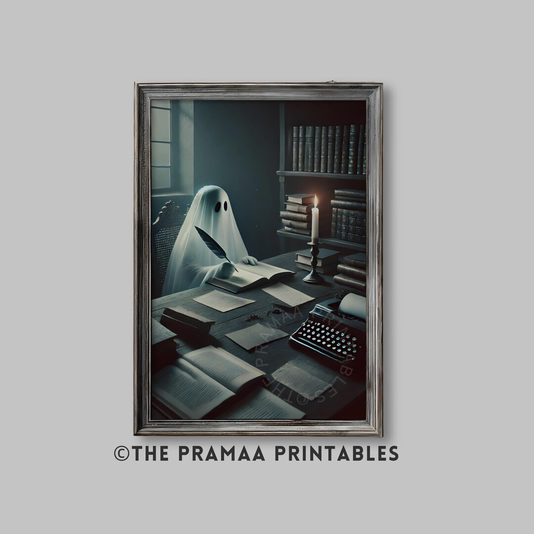 Ghost Writer Halloween Art Print, Spooky Ghost in Library Painting ...