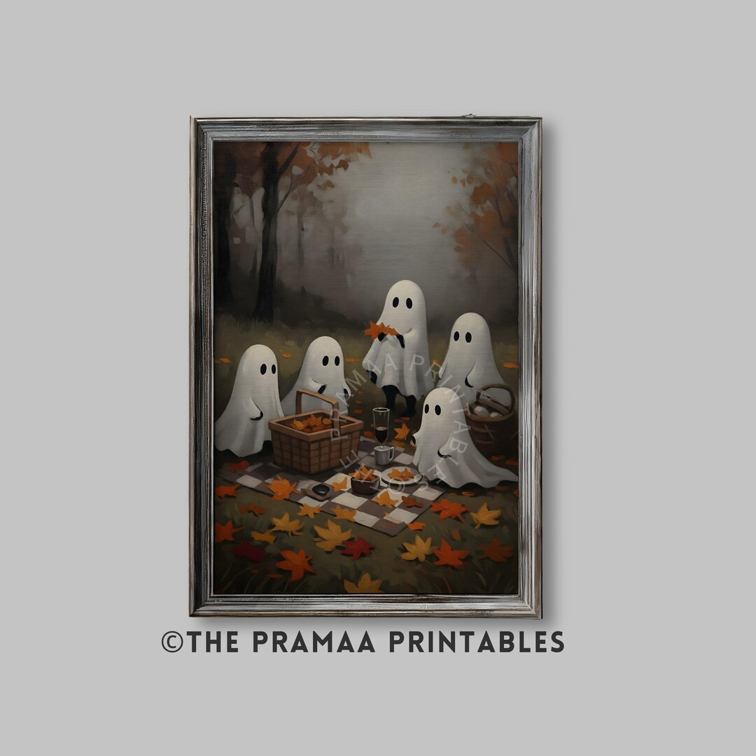Ghost Picnic Halloween Wall Art, Cute Ghosts Oil Painting Moody Vintage ...