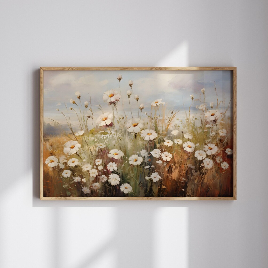 Wildflower Field Vintage Landscape Painting, Neutral Spring Daisy Field ...