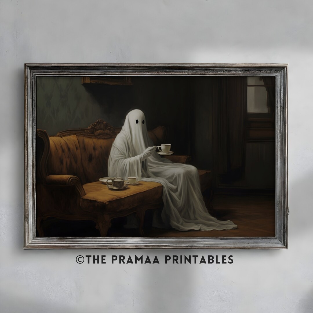 Ghost Sitting on a Couch Drinking Tea, Spooky Wall Art Dark Academia ...