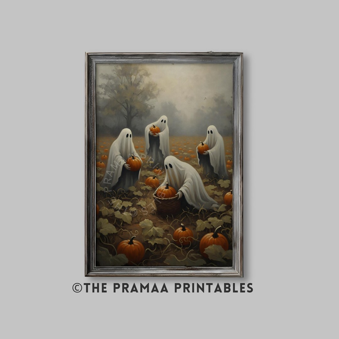Ghosts in Pumpkin Field Halloween Wall Art, Spooky Ghost Painting ...