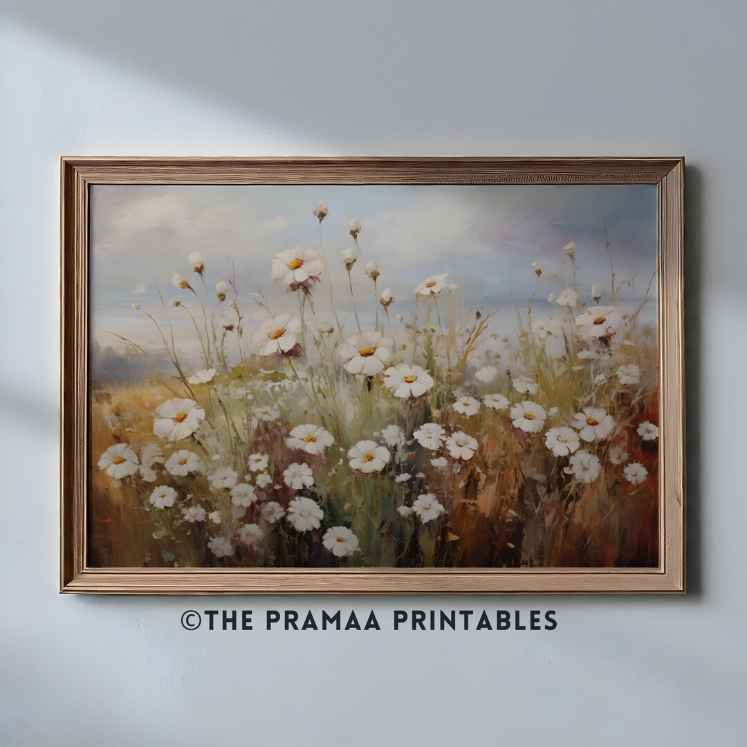 Wildflower Field Vintage Landscape Painting, Neutral Spring Daisy Field ...