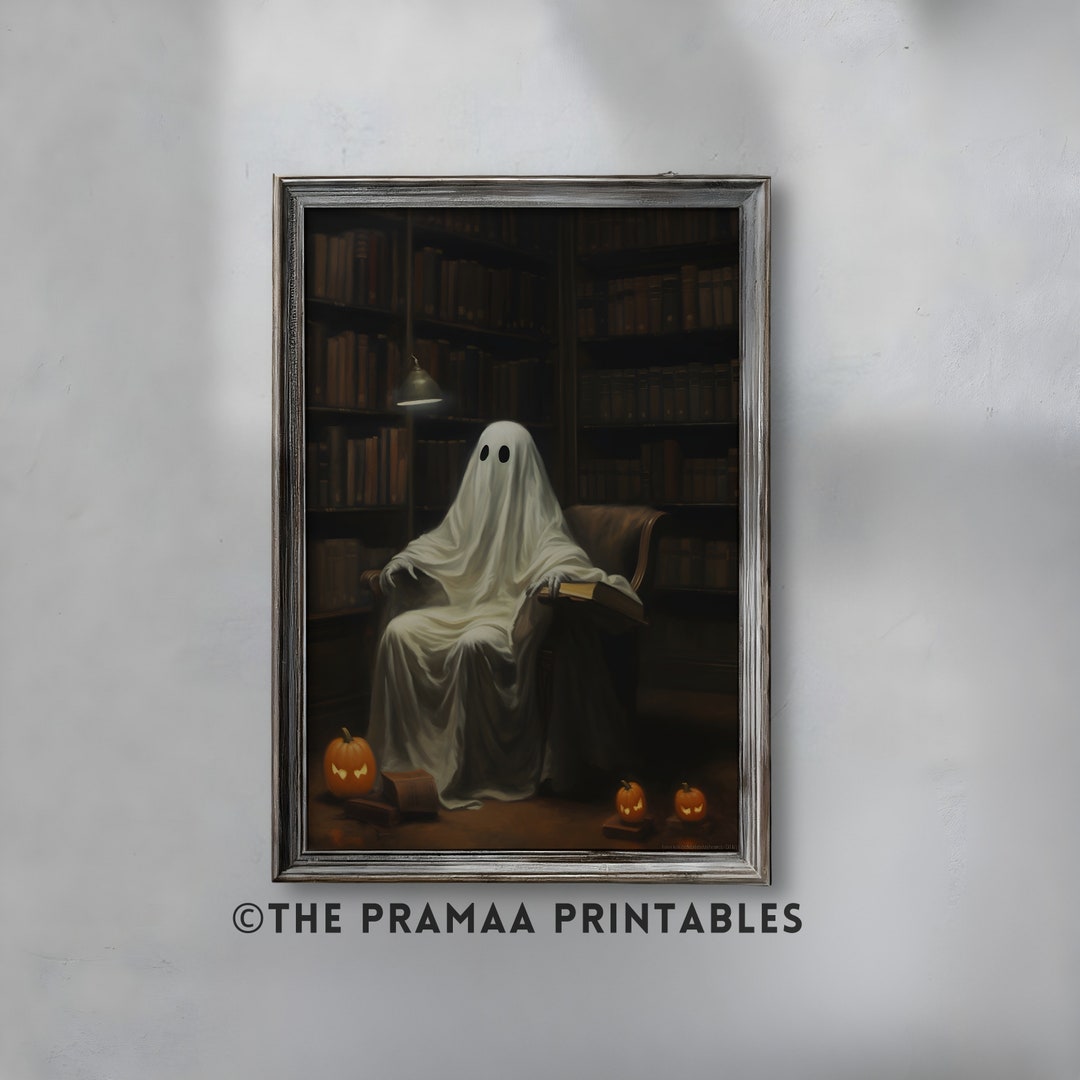 Spooky Ghost Reading in Haunted Library Art Print, Dark Academia Decor ...
