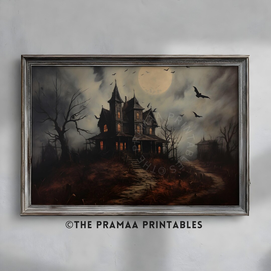 Haunted House Landscape Oil Painting, Spooky Mansion Wall Art Vintage ...