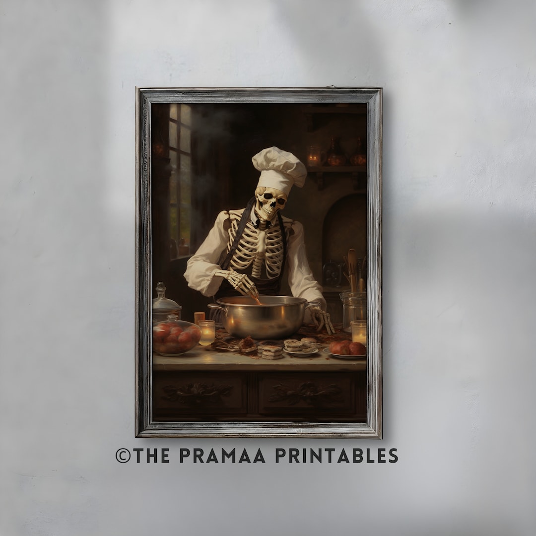 Skeleton Chef Print Vintage Halloween Painting, Skeleton Cooking Gothic ...